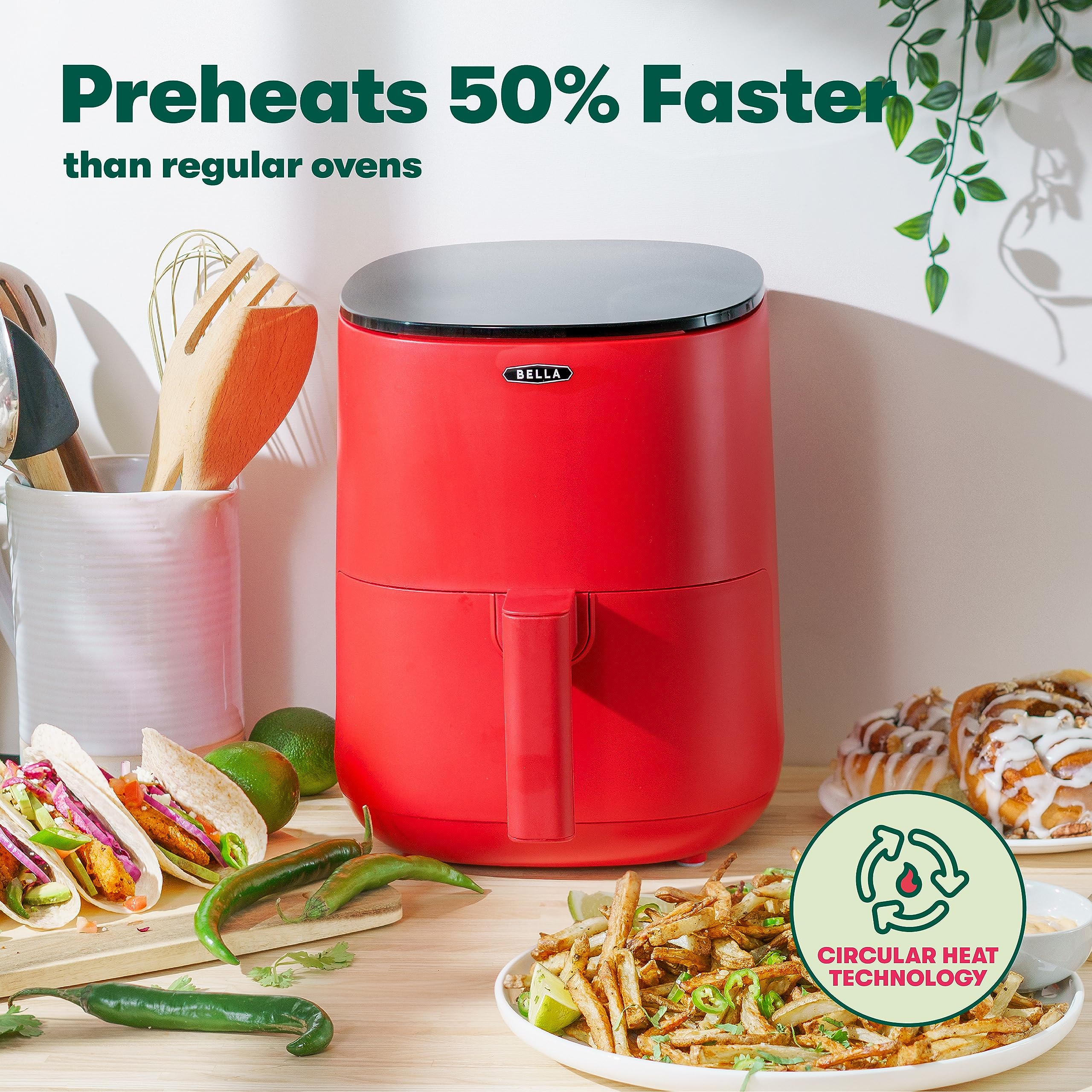 BELLA 2.9 Qt Touchscreen Air Fryer Oven and 5-in-1 Multicooker with Removable NonstickDishwasher Safe Crisping Tray and Basket, 1400 Watt Heating System, Matte Red