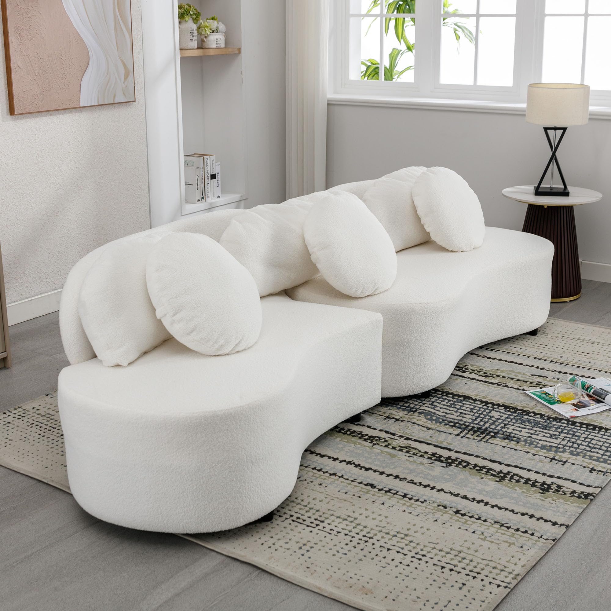DREAMODERN 103.9" Upholstered Sofa Couch, Modern Lamb Velvet Sectional Curved Couch with 3 Pillows for Living Room, Home or Office - Beige