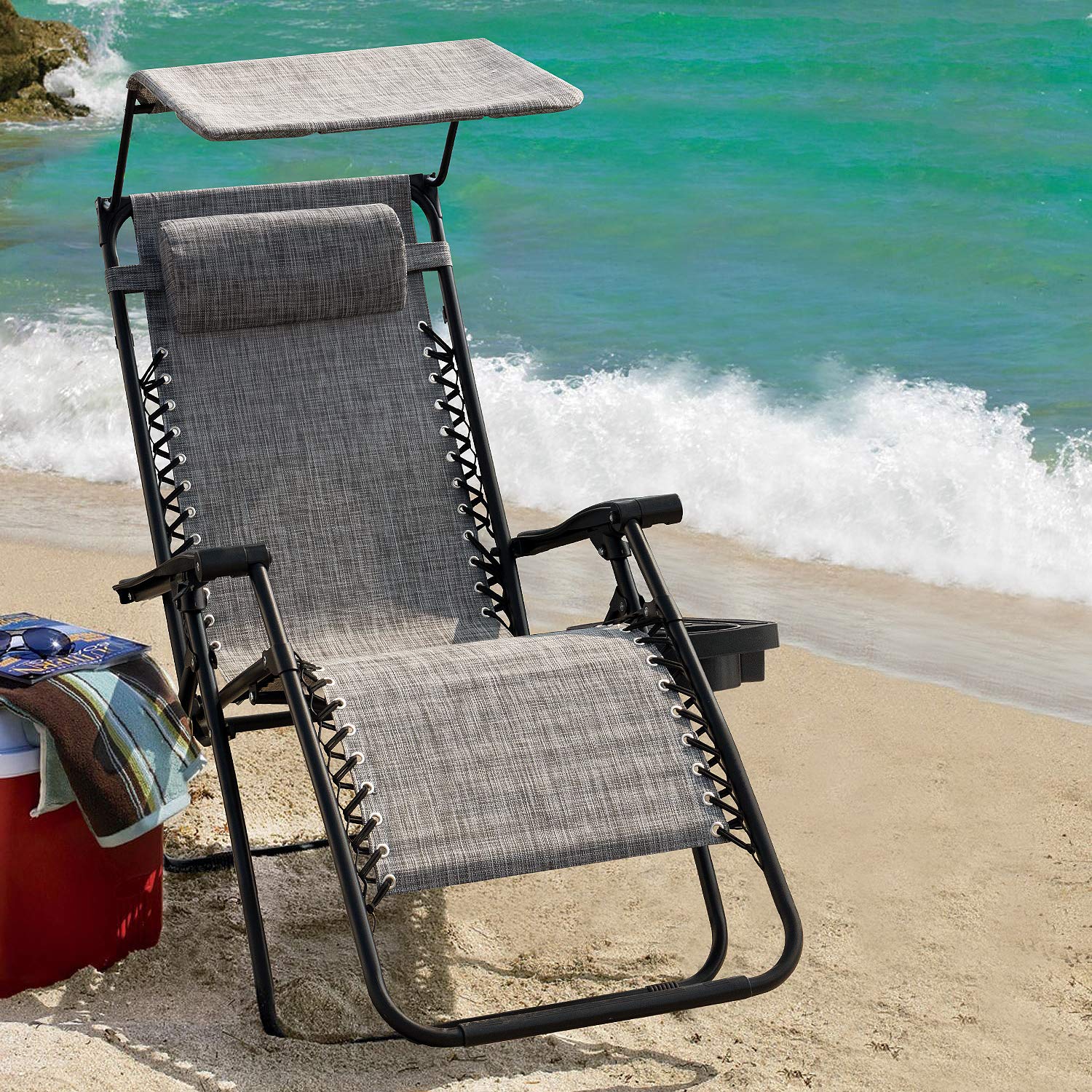 Flamaker Zero Gravity Chair with Canopy Outdoor Lounge Chair Folding Patio Recliners Adjustable Lawn Lounge Chair with Pillow for Poolside, Yard and Camping (Grey)