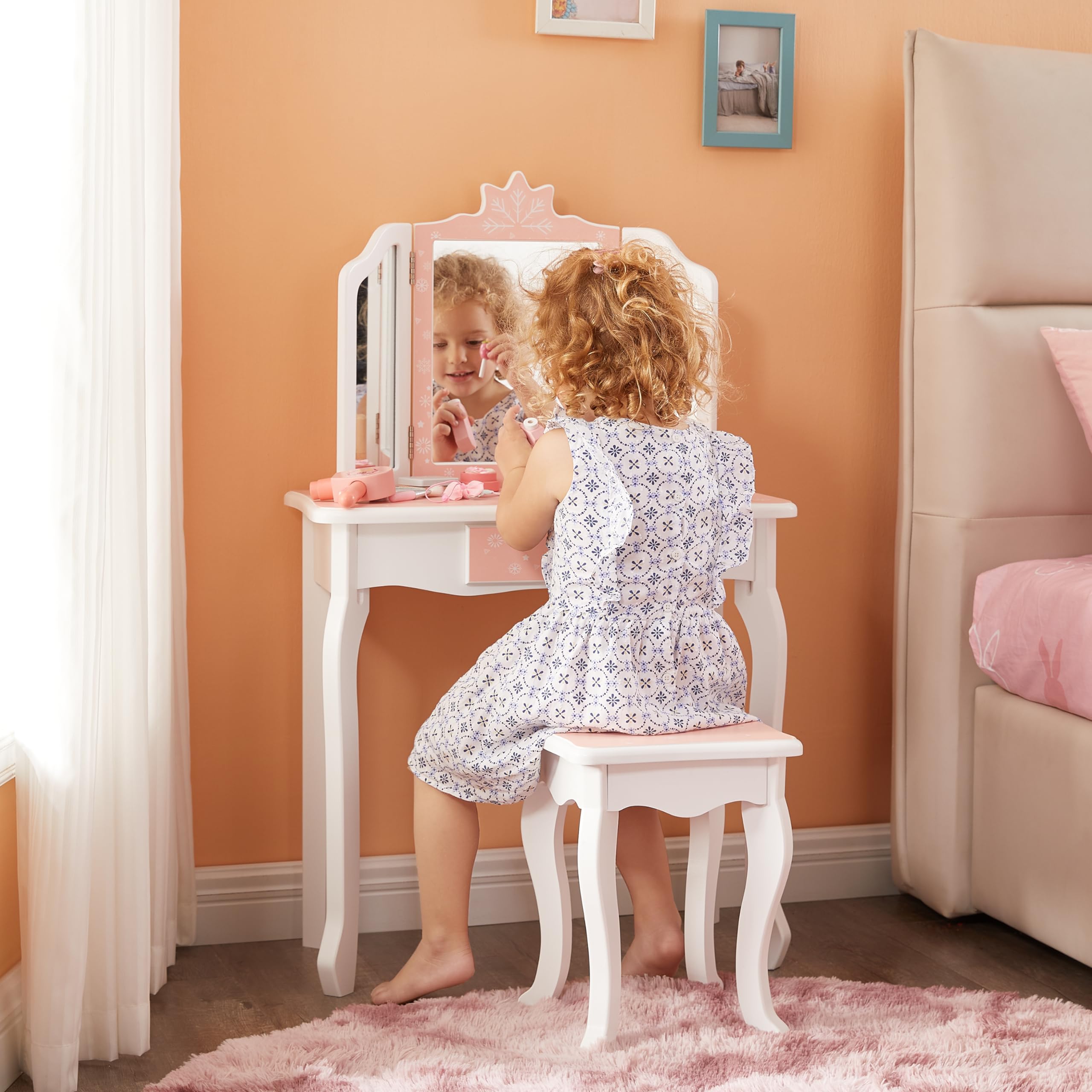 Kids Vanity Table & Stool Set, Girls Vanity Set with Detachable Tri-Folding Mirror and Drawer, 2 in 1 Princess Makeup Dressing Table and Writing Desk for Girls, Kids Age 3-8 (Pink)