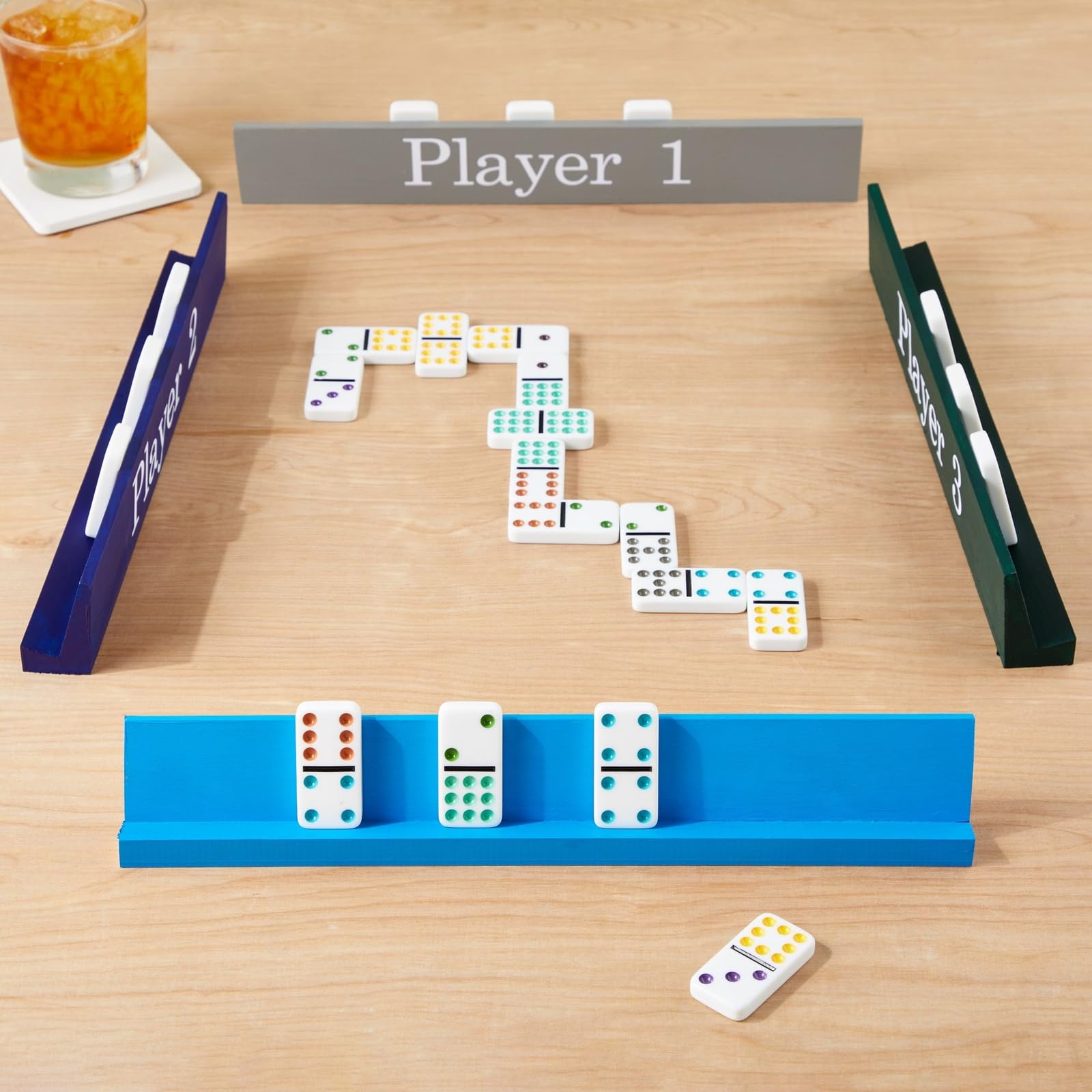 Juvale 4 Pack Domino Holder 13 inches, Wooden Dominoes Racks Trays Stand for Domino Table, Mexican Train, Chicken Foot, Mahjong Game
