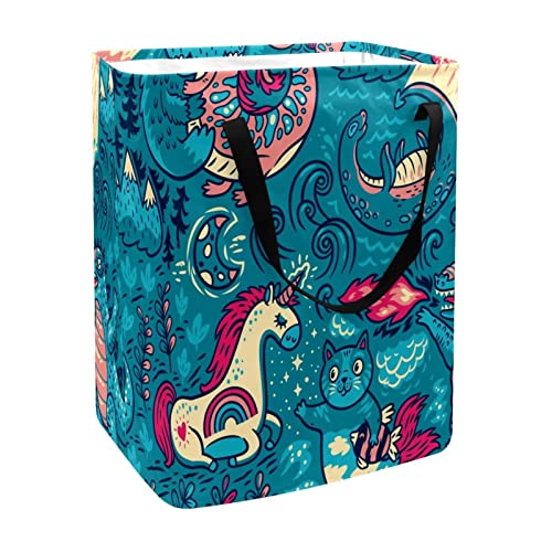 Dinosaur Sloth Unicorn and Cat Print Collapsible Laundry Hamper, 60L Waterproof Laundry Baskets Washing Bin Clothes Toys Storage for Dorm Bathroom Bedroom