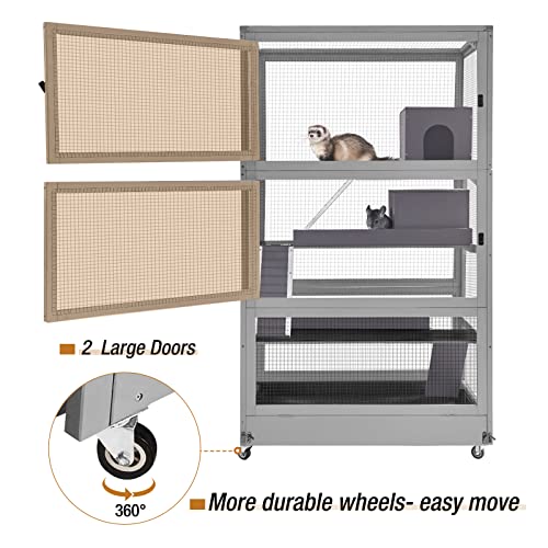 Ferret Cage Chinchilla Cage Large 4 Levels Critter Nation Cage Perfect for Ferret,Chinchilla, Rat, Squirrel, Lizard and Other Small Animal,Upgrade Anti-Chewing (Grey)