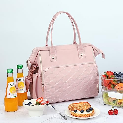 FINDCOZY Insulated Lunch Bag for Women, Cute Lunch Box, Reusable Cooler Bag with Removable Shoulder Strap and Side pockets for Work or Picnic, Pink