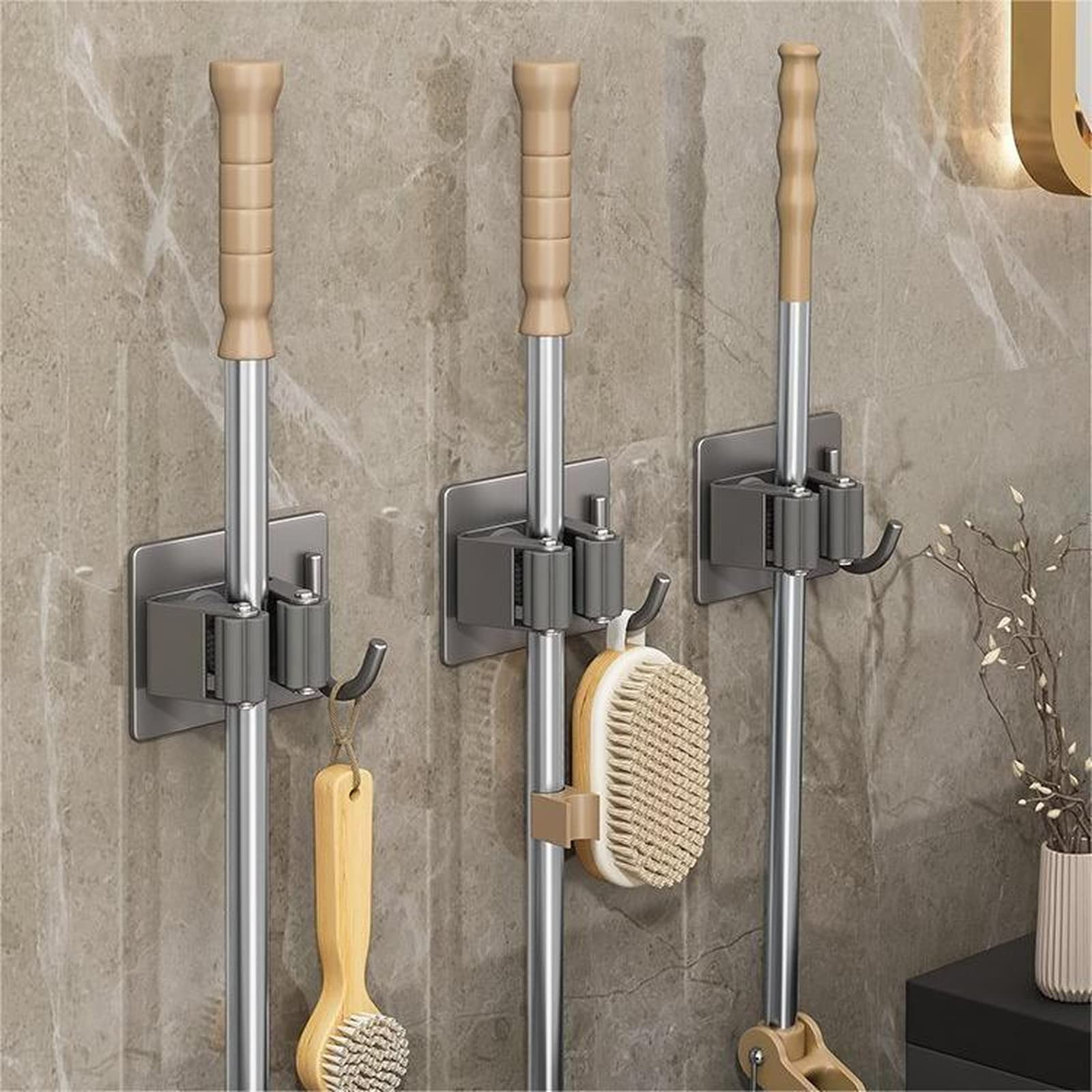 Broom frame, broom frame wall-mounted, non-porous multifunctional broom holder, non-perforated, super anti-skid, household, kitchen, garden, garage storage system broom [black, 2 pieces]