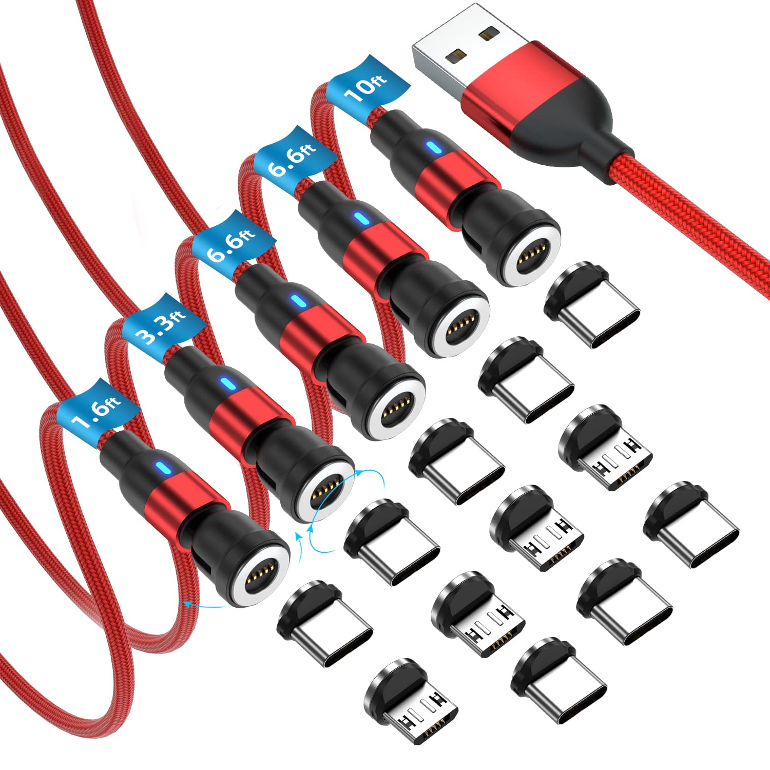 Bojianxin Magnetic Charging Cable 3A Fast Charging[5Pack, 10ft,6.6ft,6.6ft,3.3ft,1.6ft], 3 in 1Magnetic Phone Charger Cable USB C Data Transfer Magnetic Cable for Micro USB Type C
