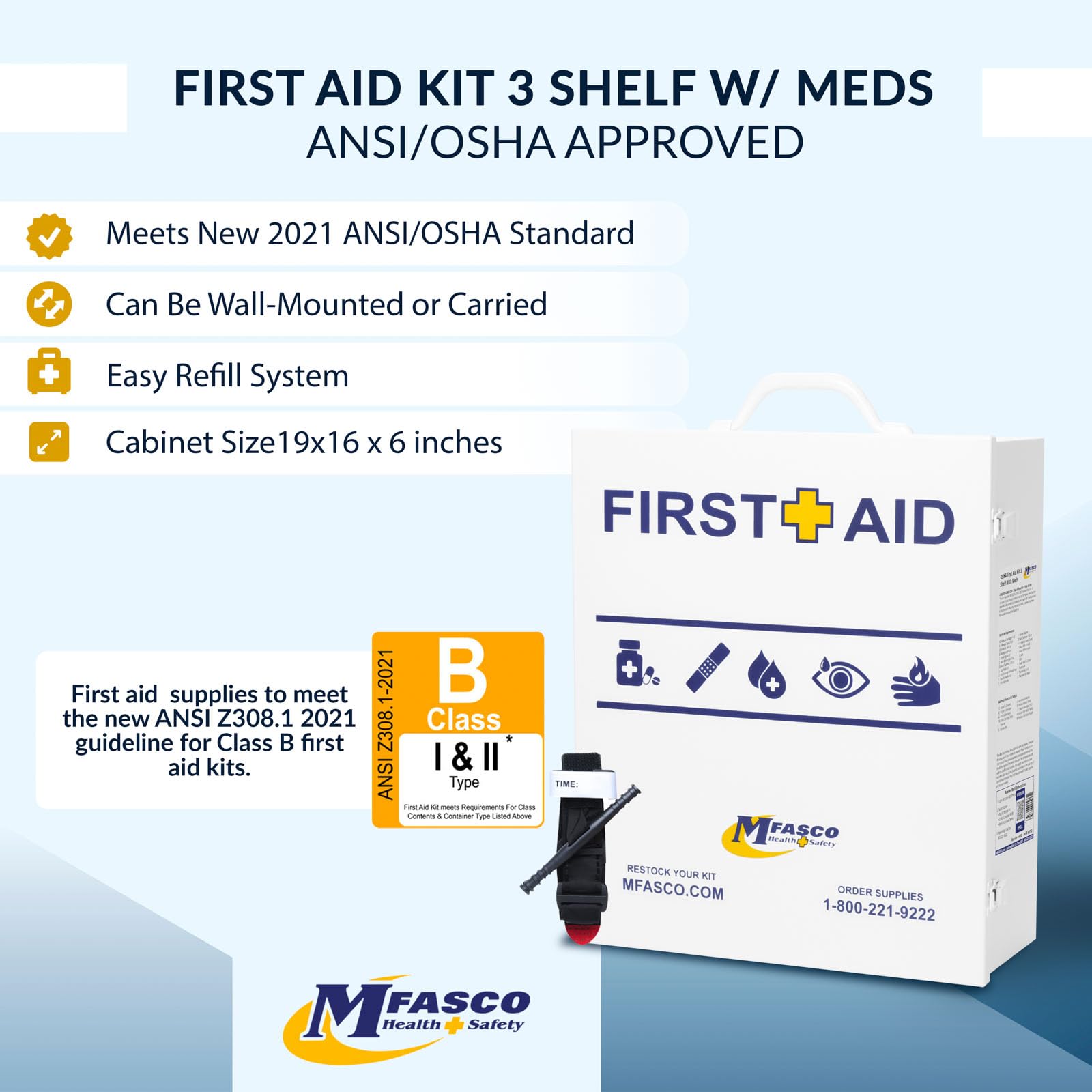 MFASCO 2021 ANSI/OSHA Compliant First Aid Kit - Large, Commercial 3-Shelf Metal Cabinet for Businesses, Wall Mountable - with Medications - ANSI Standard 2021 First Aid Kits, Class B Fill