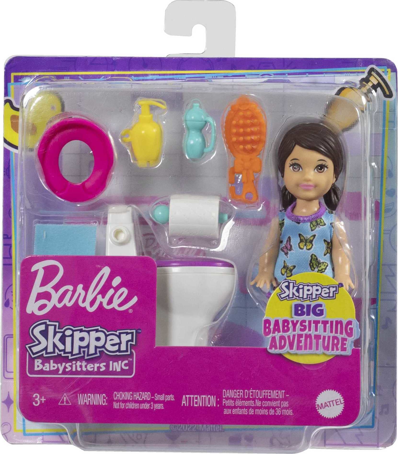 Barbie Skipper Babysitters Inc Doll & Accessories Set with Brunette Doll in Butterfly Dress, Potty & Bathroom-Themed Pieces