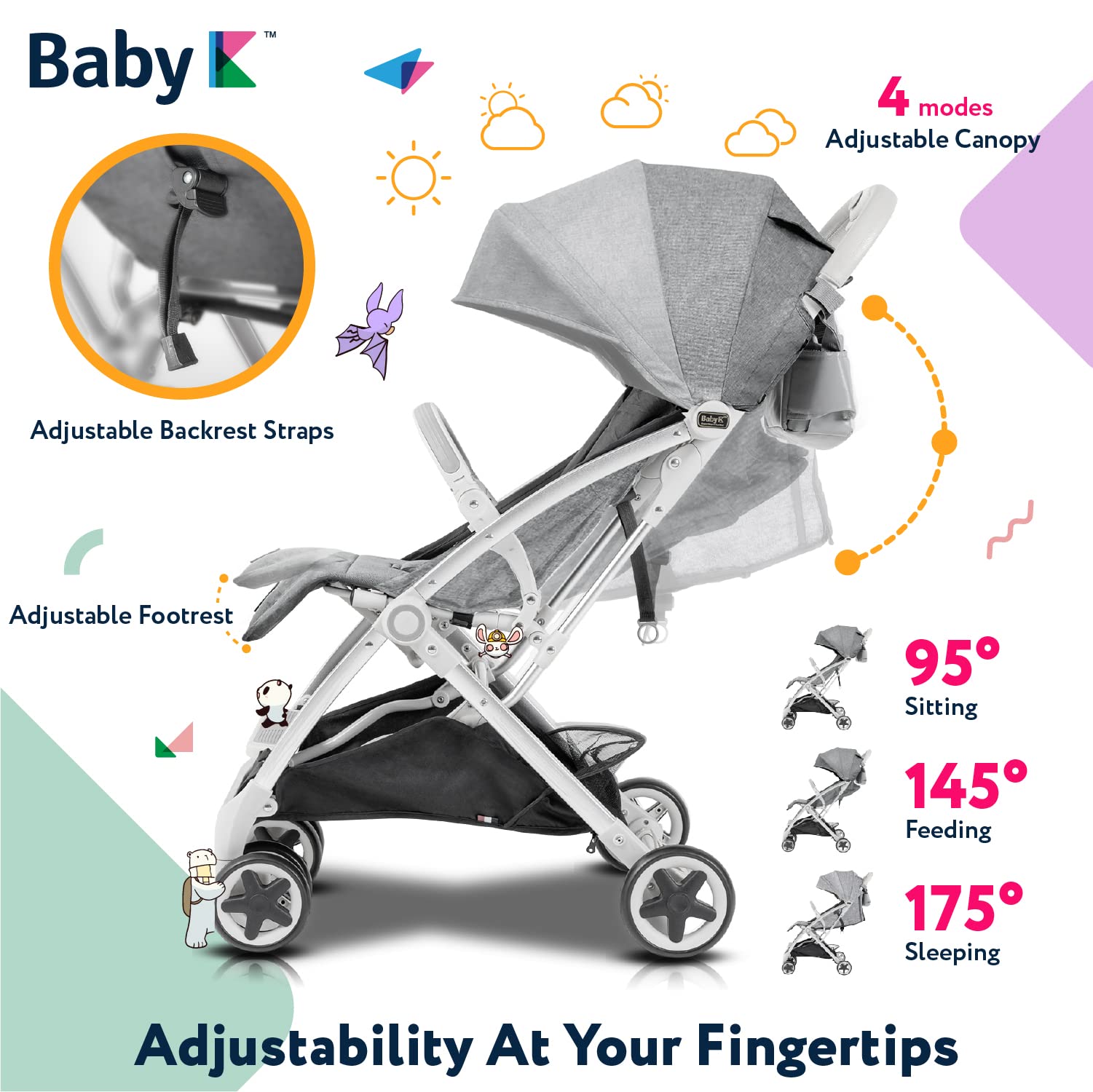 BABY K Lightweight Travel Stroller - Includes Travel Storage Pouch - A Collapsible Airplane Stroller with Adjustable Reclining Backrest & Easy One-Hand Fold for Infant & Toddler of 3-36 Months