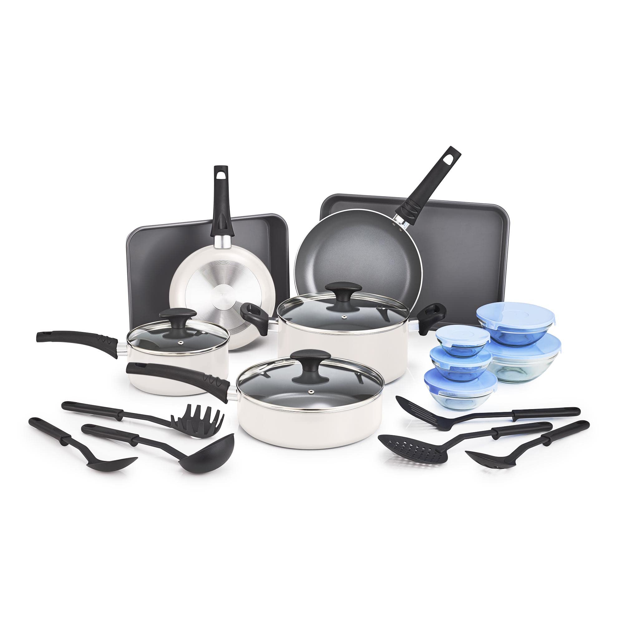BELLA Nonstick Cookware Set with Glass Lids - Aluminum Bakeware, Pots and Pans, Storage Bowls & Utensils, Compatible with All Stovetops, 21 Piece, White
