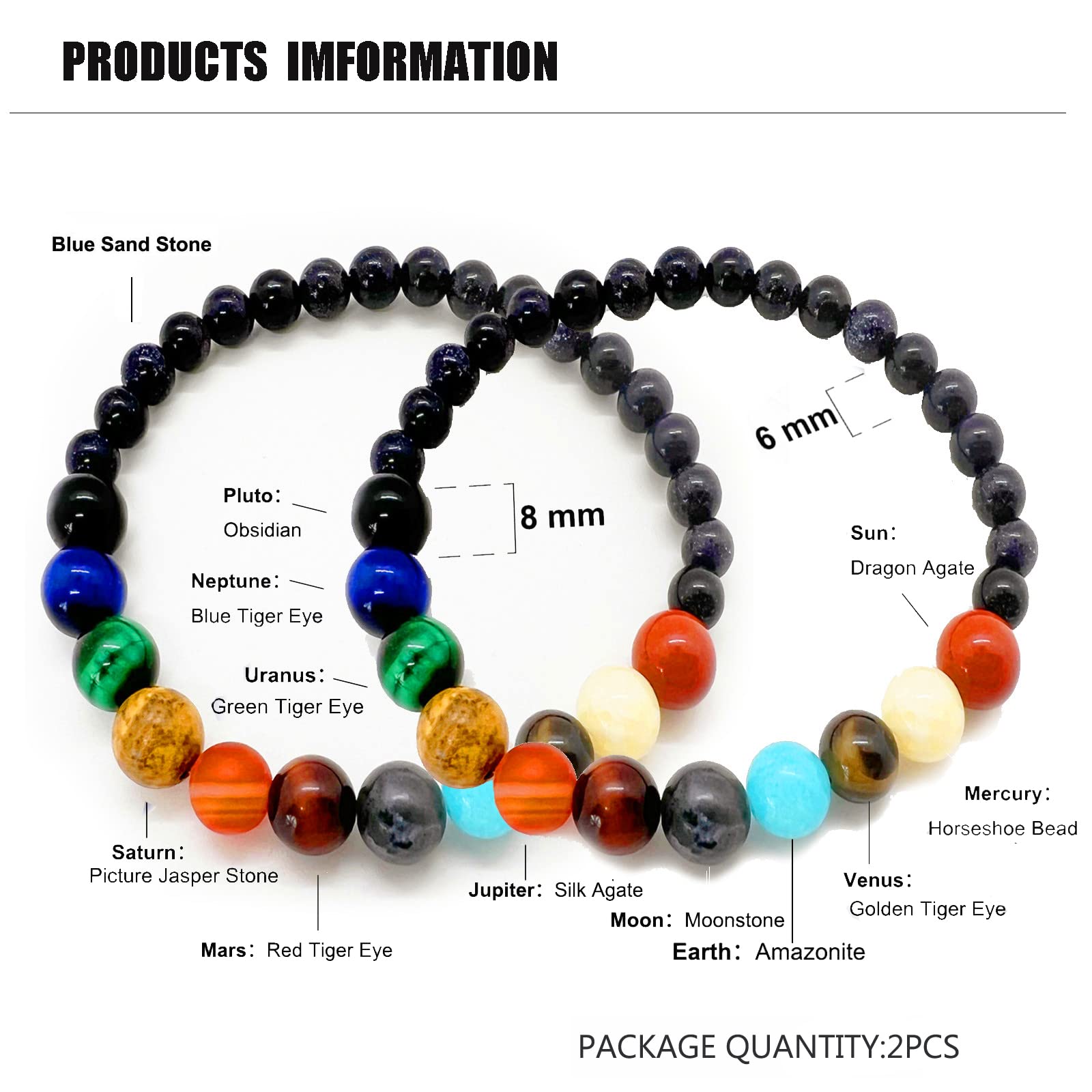 ATIMIGO 2 Pack Solar System Bracelet 7 Chakras Healing Natural Stone Bracelets for Women Men Stress Relief Yoga Beads Elastic Bracelet Bangle