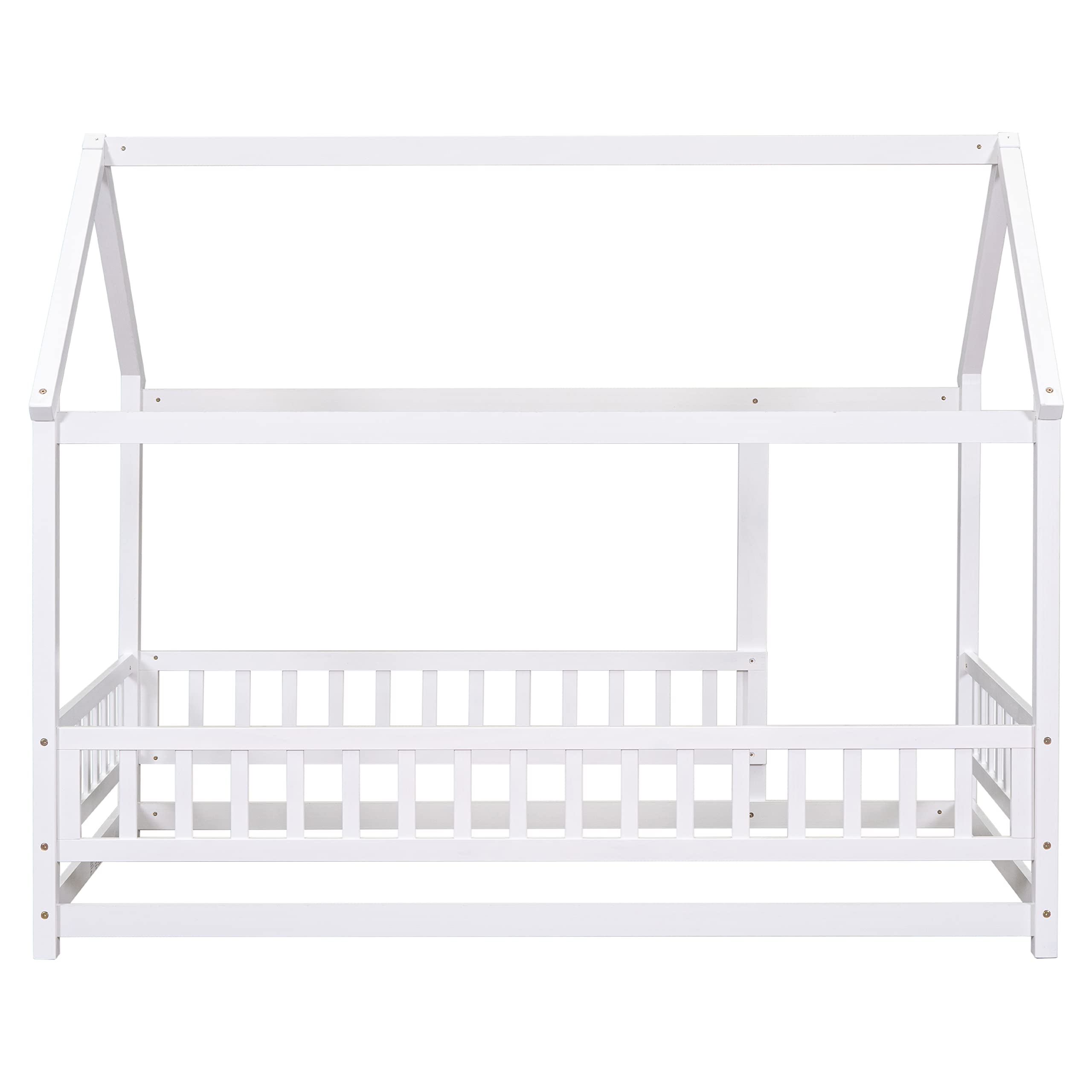 CITYLIGHT Twin Floor Bed Frame, Pine Wood, White With Roof, 20"W