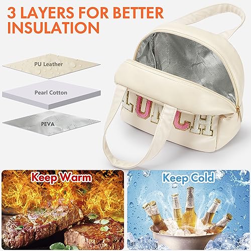 DIRGEE Lunch Bag for Women Insulated Lunch Bag For Men PU leather Small Lunch Bag for Office Work lunch Bag with Chenille Letters Leakproof Freezable Cooler Bag Reusable Portable Lunch Box (White)