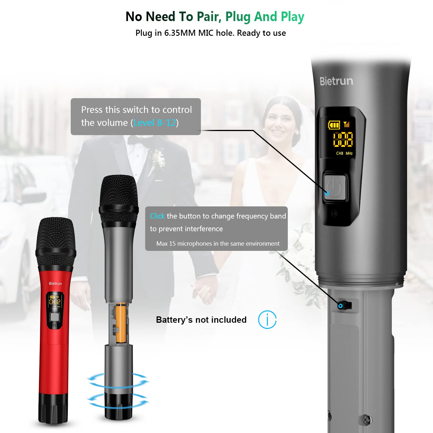 Bietrun Wireless Microphones with Echo, Easy-to-Use, Auto Connect, 160 ft Range, 1/8''＆1/4''Output, UHF Dual Channel Cordless Handheld Dynamic Mics System for Church,Wedding, Karaoke, Speech, Singing