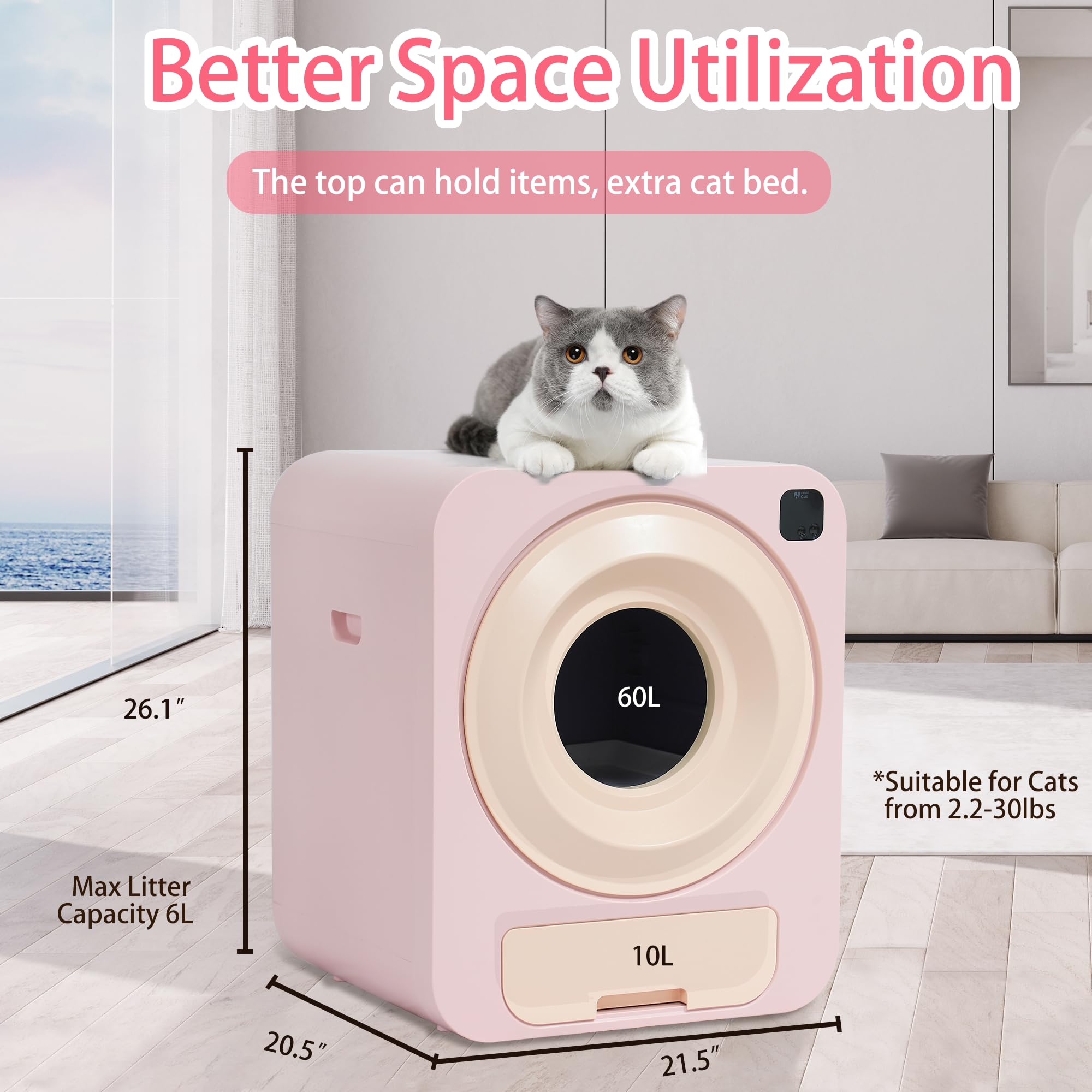 Bebeblue Self Cleaning Cat Litter Box, Automatic Cat Litter Box, No Scooping Odor Removal Health Monitoring Quiet Extra Large Space for Cats Pink