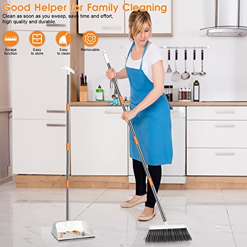 Broom and Dustpan Set,Upright Standing Dust Pans with 54" Stainless Steel Long Handle,Dustpan and Broom Combo for Home Kitchen Office Lobby Floor Cleaning,Outdoor/Indoor Household Brooms-White+Orange