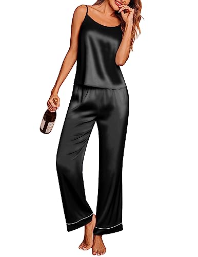 Ekouaer Satin Sleep Set for Women Spaghetti Strap Silk Pajamas Loose Fit Nightwear with Pockets(Black,XXL)