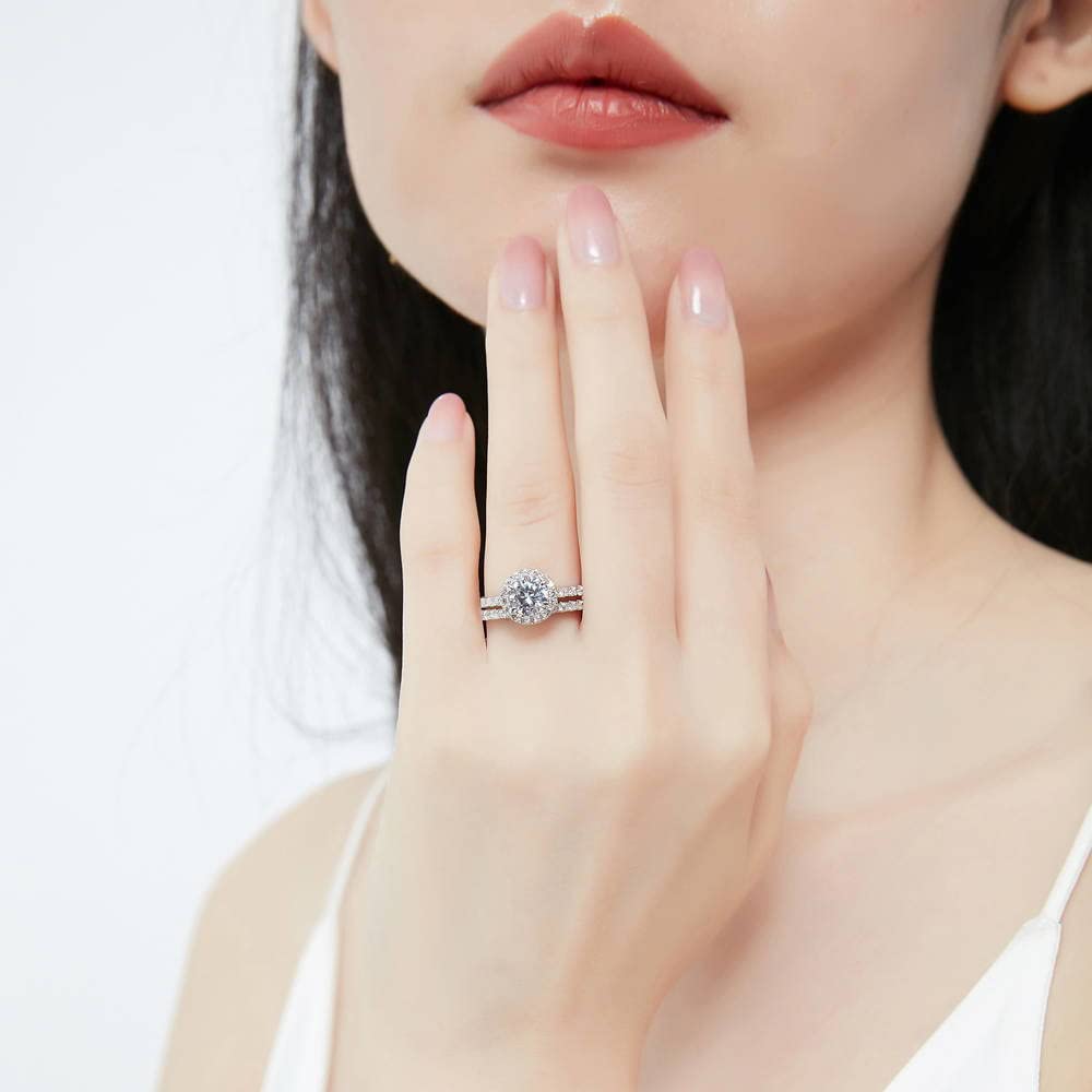 BERRICLE Sterling Silver Halo Wedding Engagement Rings Round Cubic Zirconia CZ Ring Set for Women, Rhodium Plated Size 7