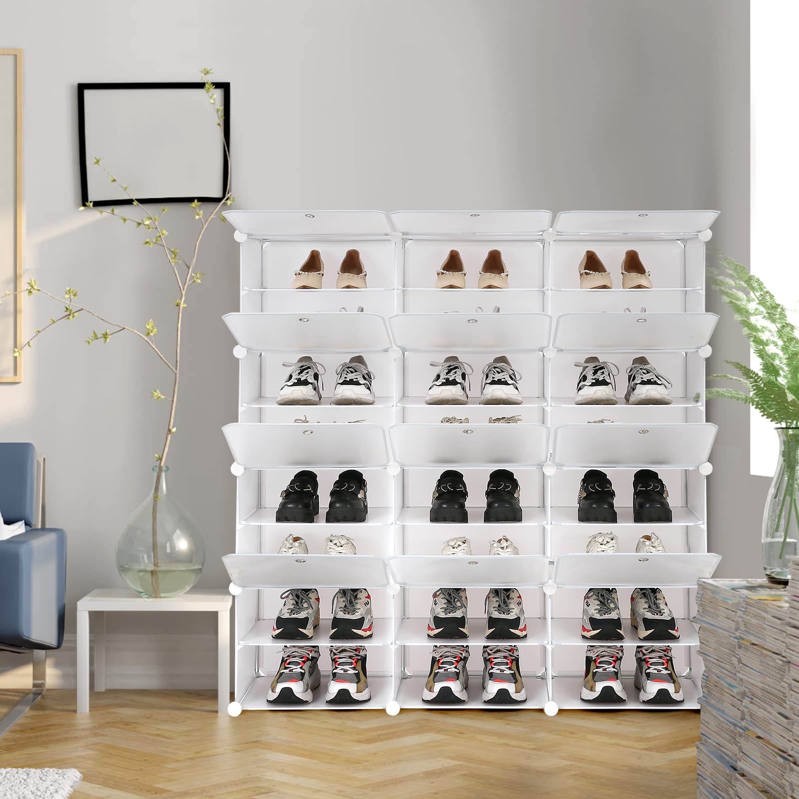 ASDET U&I Shoe Rack Organizer, 8 Tier Shoe Storage Cabinet 48 Pair Plastic Shoe Organizer 24 Grids Shoe Shelves for Closet Hallway Bedroom Entryway, White