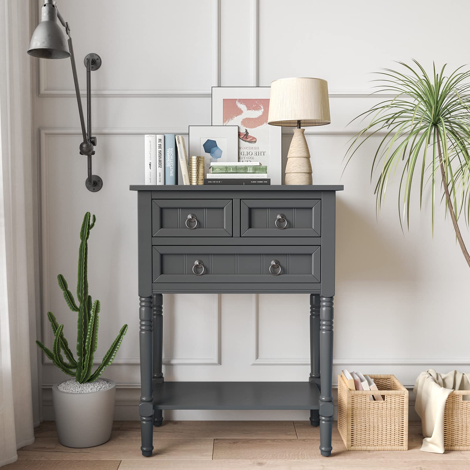 Giantex Entryway Table with Storage, Rustic Small Console Table w/ 3 Drawers & Open Bottom Shelf, Skinny Wood Console Table, Narrow Sofa Side Table for Living Room, Foyer, Hallway, Entry Table, Beige