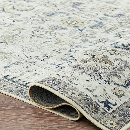 jinchan Area Rug 8x10 Vintage Rug Indoor Flodable Thin Rug Retro Accent Rug Distressed Carpet Blue Multi Floral Print Mat Country Boho Rug Non Slip Kitchen Bedroom Living Room Dining Room Office
