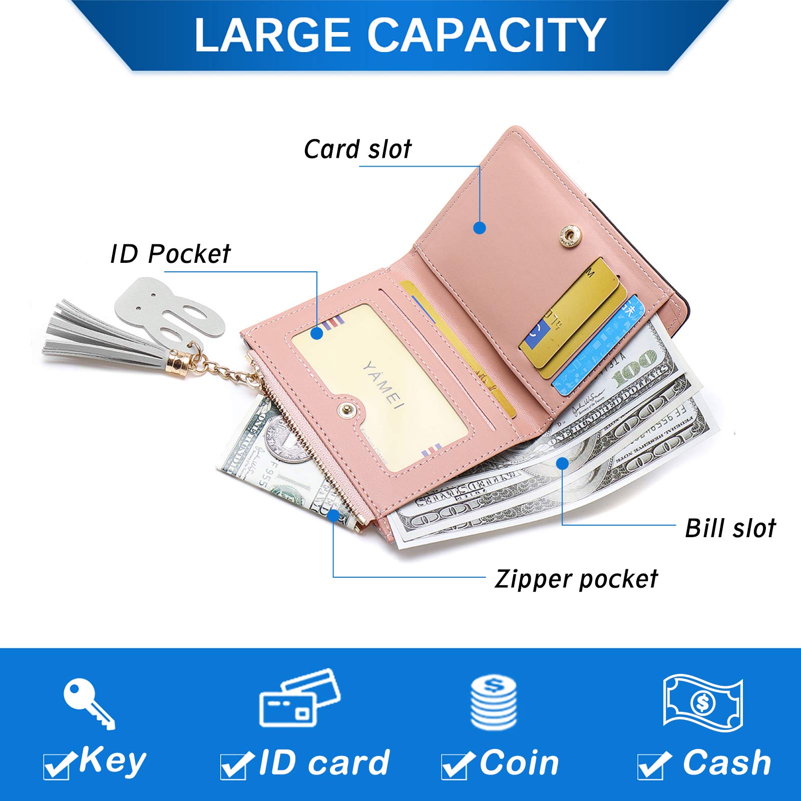 JOSEKO Women's Wallet, Small Wallet PU Multi Slots Short Card Holder Purse Wallet for Ladies Girls with Tassel Pendants Grey