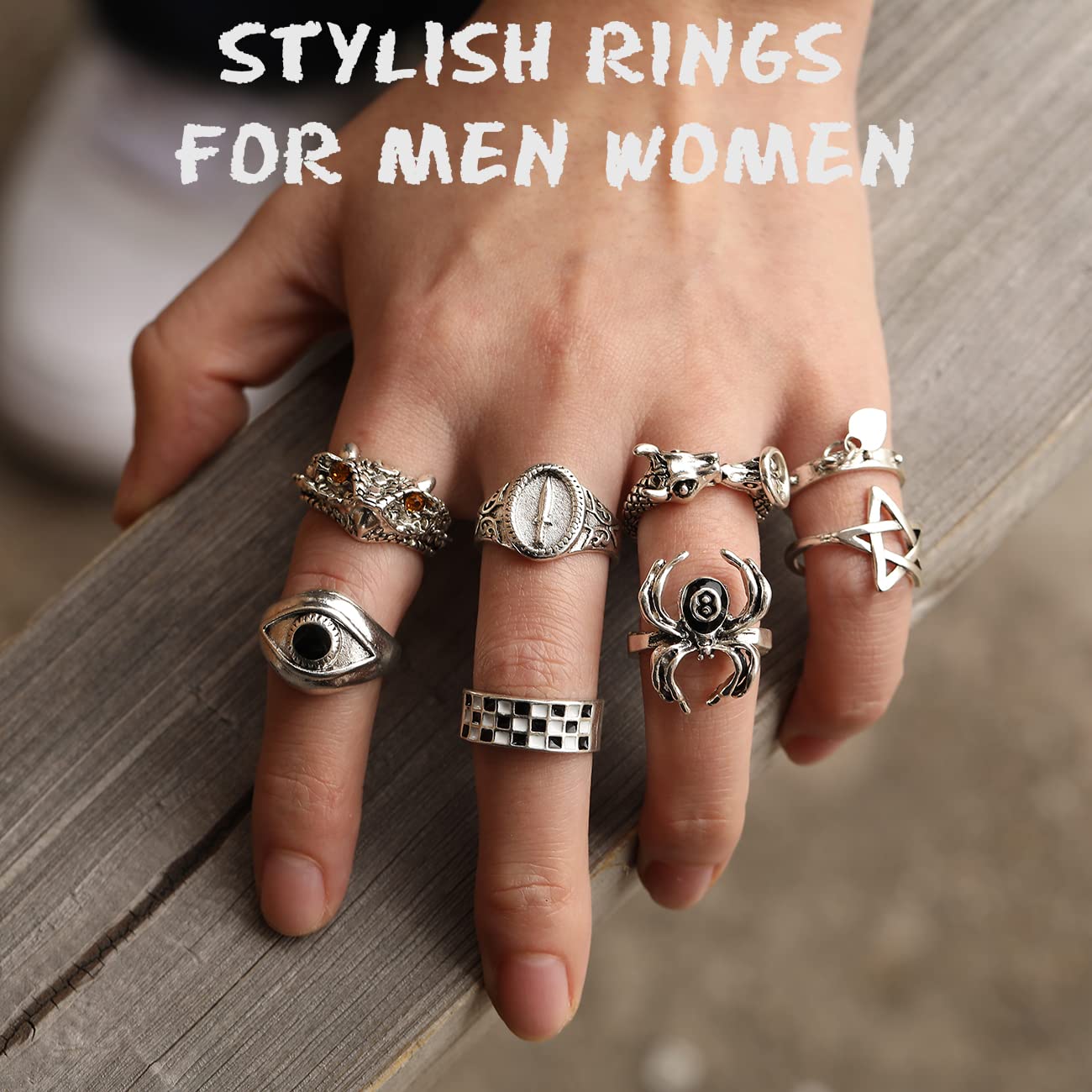 Black Rings for Men Women Girls, Goth Punk Rings Set, Cool Gothic Adjustable Ring Pack, Vintage Stackable Animal Rings Bulk, Vintage Chunky Knuckle Emo Rings, Boho Snake Spider Eboy Open Rings Y2K Accessories (Big silver punk rings-24 pcs)