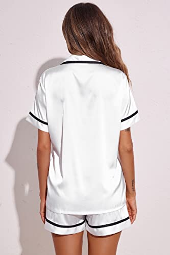Ekouaer Silk Pjs Set Women's Cute Pajamas Classic Sleepwear Short Sleeve Loungewear Satin Shorts Sets (White,XXL)
