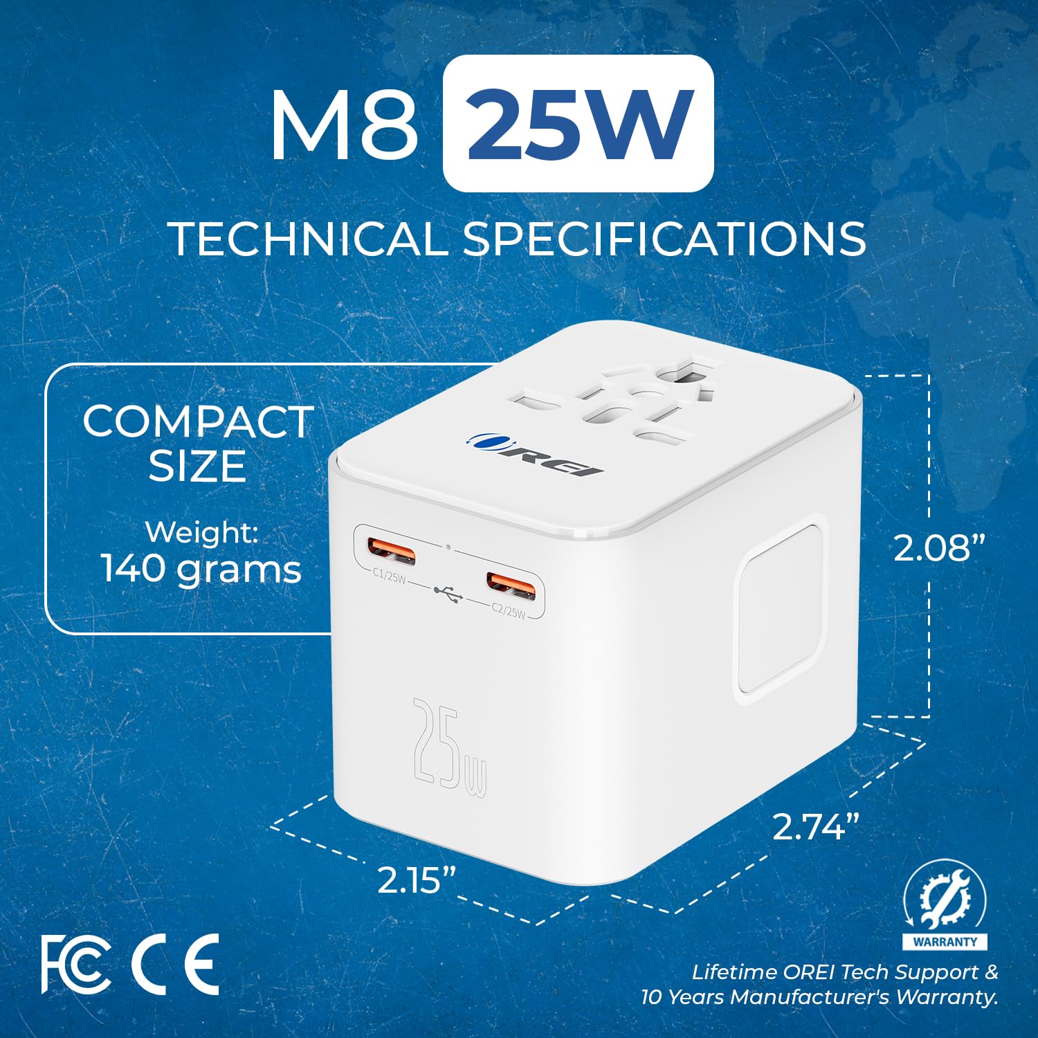 OREI 25Watt Universal Travel Adapter | 2 (USB C) 1 (USB A) 4-in-1 Universal Power Adapter | | Type C, A, G, I Compatible | Universal Chargers for All Devices compatible 150+ Countries