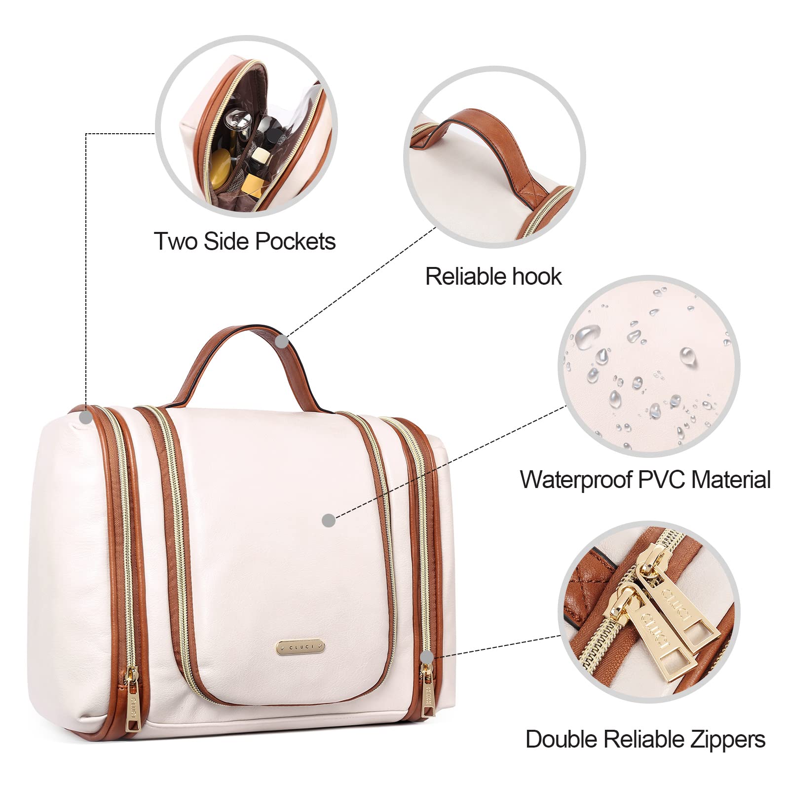 CLUCI Toiletry Bag Travel Bag, with Hanging Hook Water-resistant Makeup Cosmetic Bag Travel Organizer for Accessories Shampoo Full Sized Container Toiletries, Off White