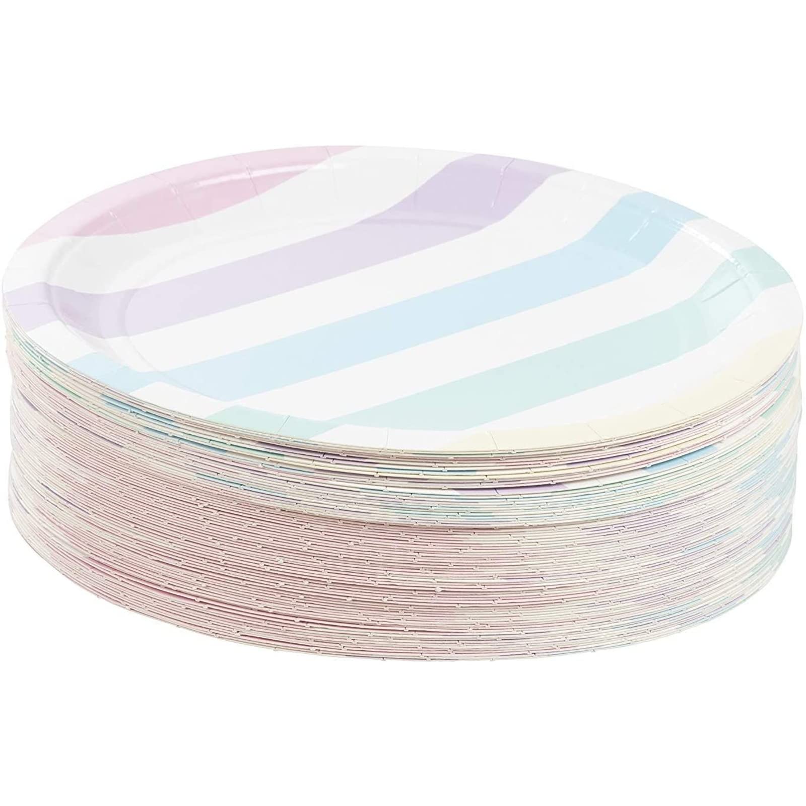 BLUE PANDA 80-Count Disposable Paper Plates, Multi-Colored Pastel Stripes Design, 9 Inches