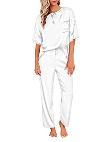 Ekouaer White Silk Pajamas Satin Pajamas Women Short Sleeve Long Pajama Pant Set Loungewear Pajama Shirt and Top Set White L