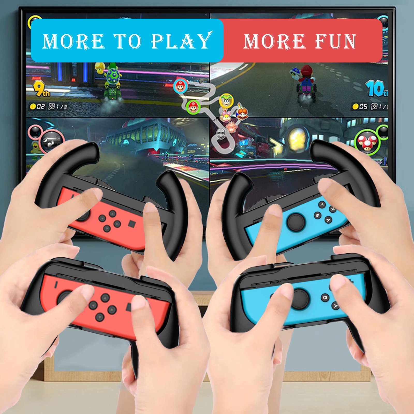 BEBOKI Steering Wheel Controller for Nintendo Switch & Switch OLED Model (2021) 4 Pack Joy-Con Controller Hand Grip and Steering Wheel for Mario Kart, (Black)