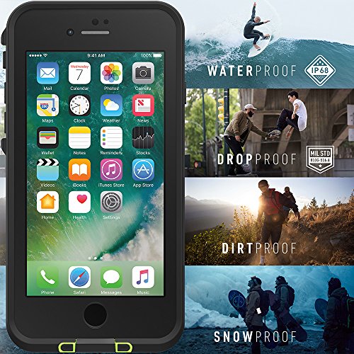 LifeProof iPhone SE (2nd gen - 2020) and iPhone 8/7 (NOT PLUS) FRĒ Series Case - NIGHT LITE (BLACK/LIME), waterproof IP68, built-in screen protector, port cover protection, snaps to MagSafe