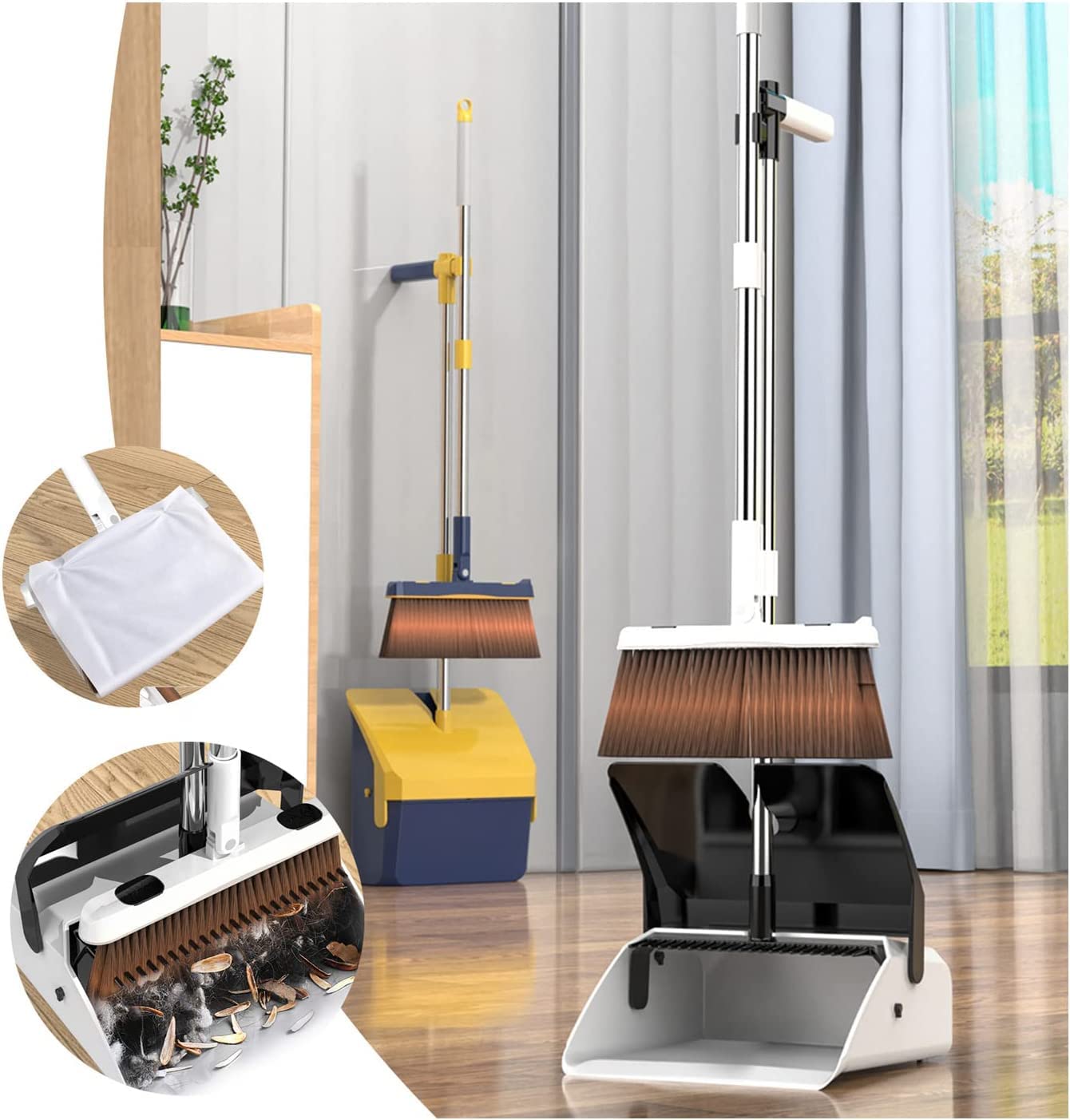 Broom Dustpan Set, Indoor 180° Rotatable Standing Storage Magnetic Snap-On Broom and Dustpan Set with Scraping Teeth Scraper Deep Cleaning Broom Dustpan Set for Home and Family (White)