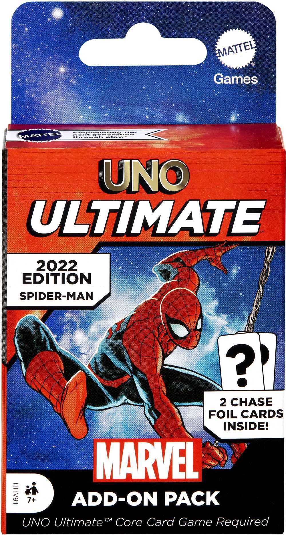 Mattel Games UNO Ultimate Marvel Card Game Add-On Pack with Spider-Man Character Deck & 2 Collectible Foil Cards, Gift for Collectors & Kids Ages 7 Years & Older