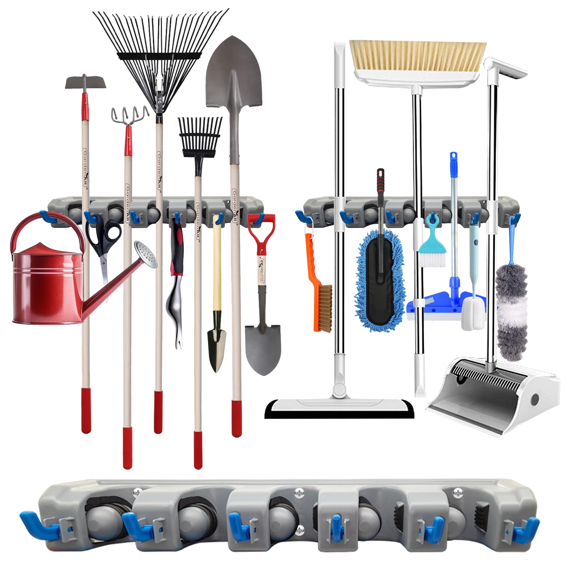 CATHFRANC Broom and Mop Holder Wall Mount Organizer- No More Boring Colors with 5 Grips and 6 Hooks Color Gray and Blue Garden Tool Holder Broom and Mop Hanger Garage Broom Holder Wall Mount