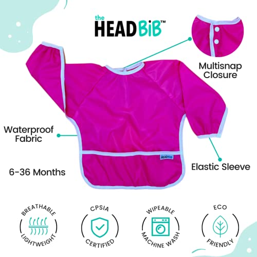 HEADBIB – First Ever Head Bib, Protects Little One’s Hair During Mealtime & Playtime, Waterproof Fabric, For Baby & Toddler (Pink w/SleeveBiB, Large (12-24 Months))