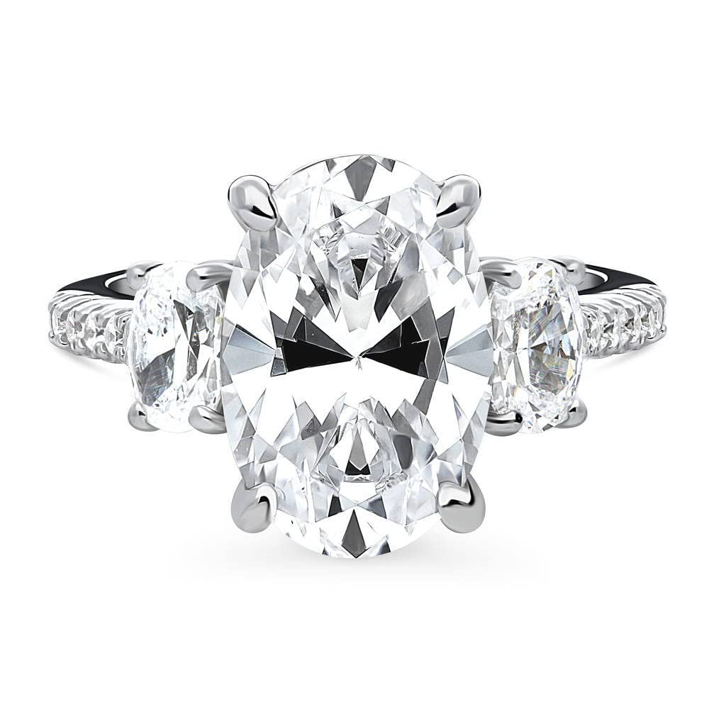 BERRICLE Sterling Silver 3-Stone Wedding Engagement Rings Oval Cut Cubic Zirconia CZ Statement Cocktail Anniversary Ring for Women, Rhodium Plated Size 8