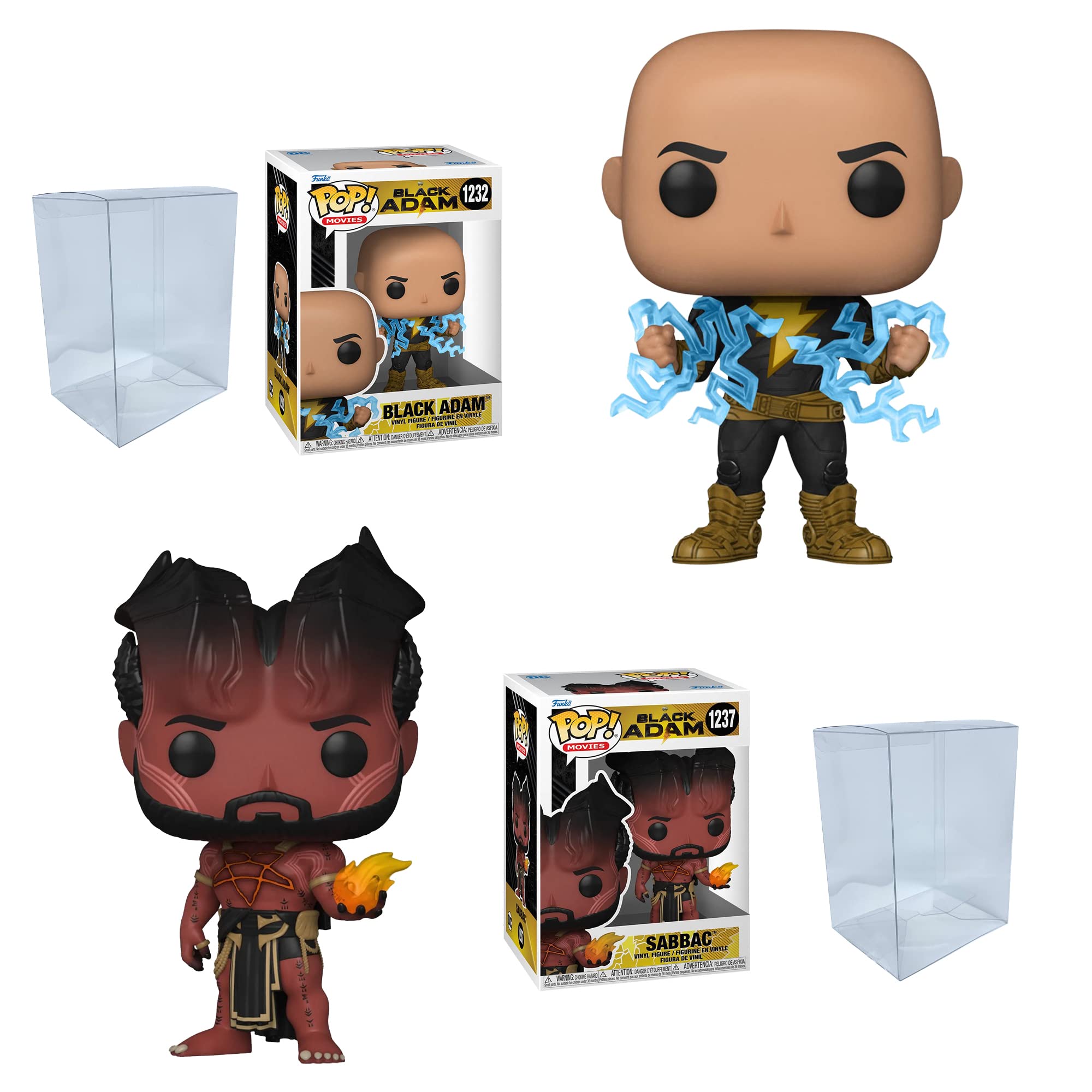 Black Adam Set of 2 Funko Pop with Protector Bundle – Includes Black Adam (Lightning) #1232 and Sabbac #1237 Pops with 2 Blue Salamander Emporium Plastic Protector Cases