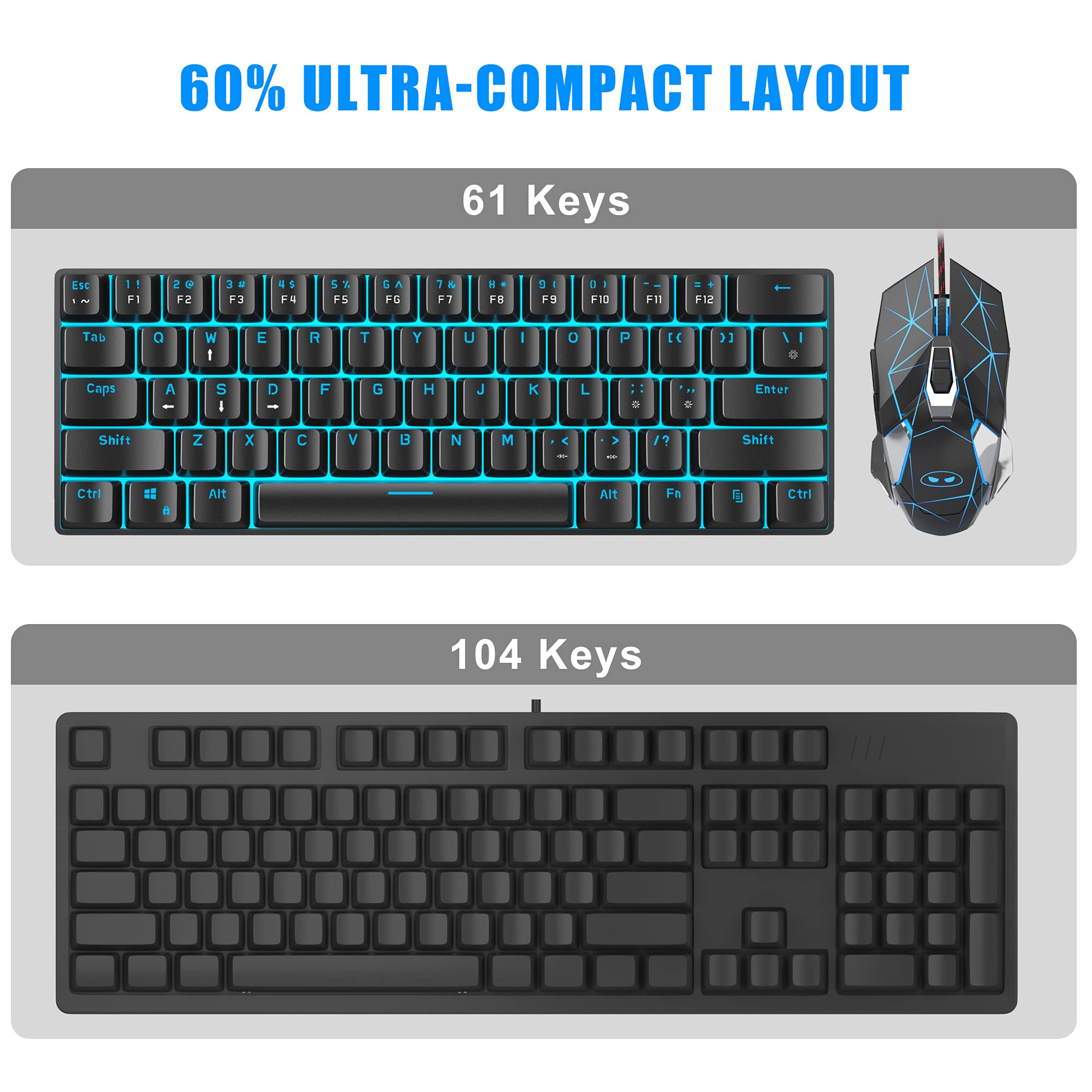 MageGee MK-Mini 60% Mechanical Gaming Keyboard, 61 Keys TKL Compact Gaming Keyboard with Blue Switches, Portable Blue LED Backlit USB Type-C Wired Office Keyboard for PC Laptop Computer, Black