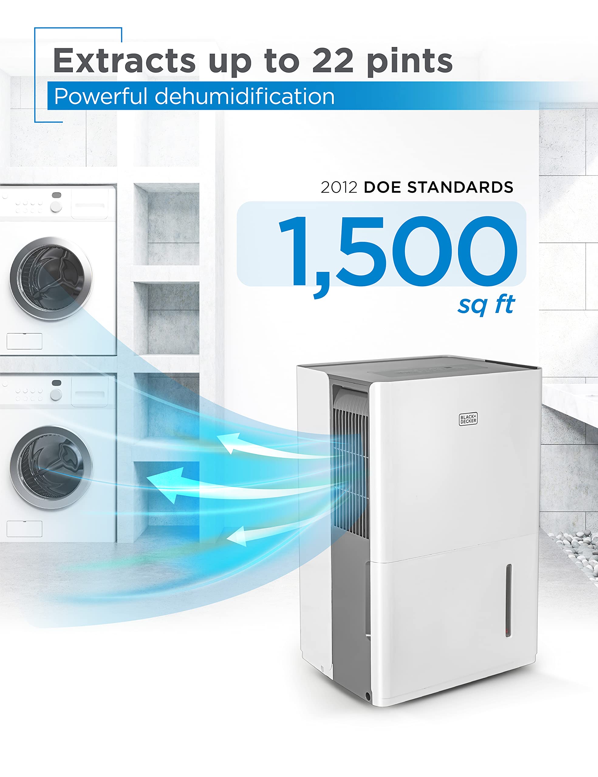 BLACK+DECKER 1500 Sq. Ft. Dehumidifier for Medium to Large Spaces and Basements, Energy Star Certified, BD22MWSA