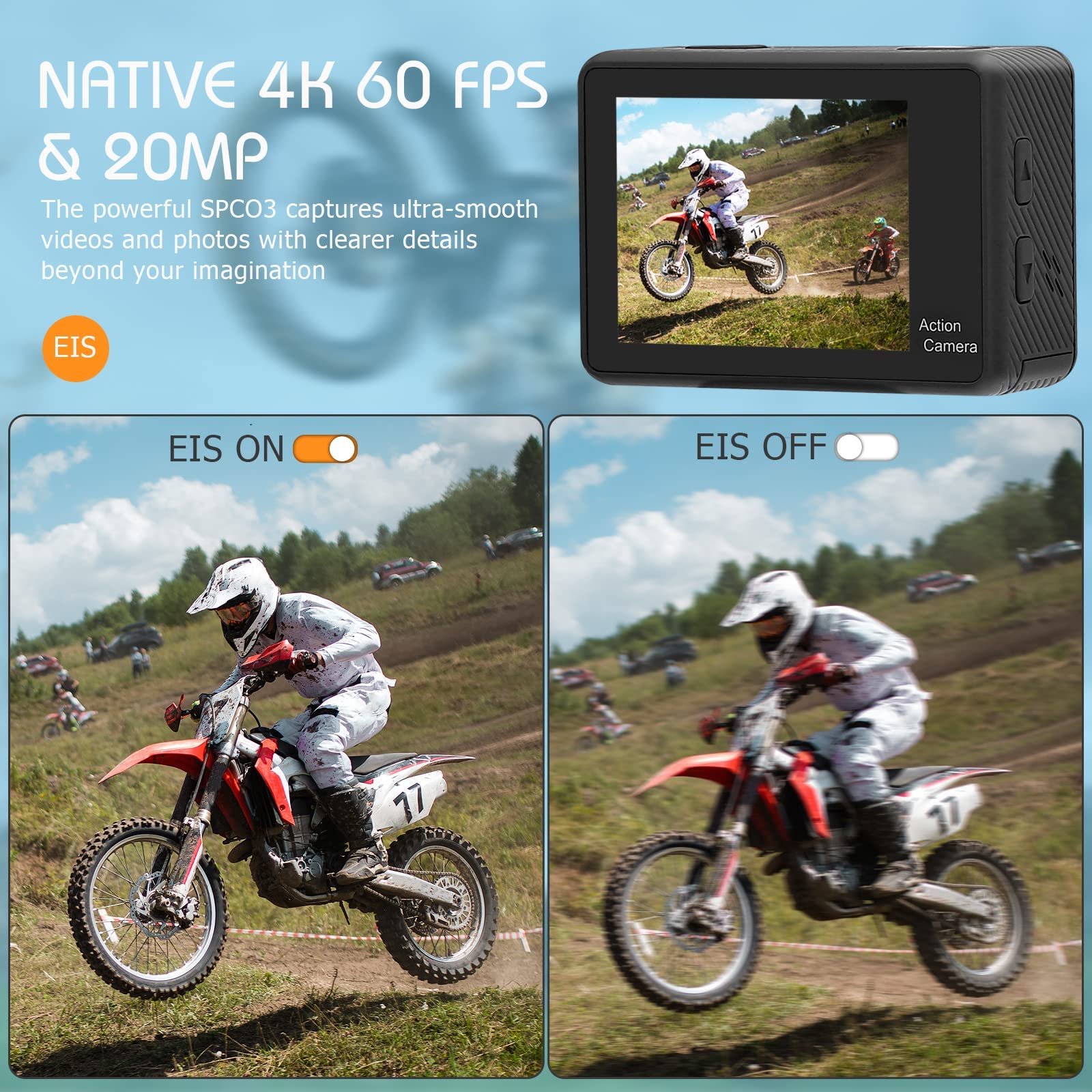 BIOCHE 4K60FPS WiFi Dual Screen Action Camera 20MP with Touch Screen,EIS,170 Angle Wide,30m Waterproof with 4X Zoom,Remote Control Sports Camera with 2 Batteris and Accessories Kit
