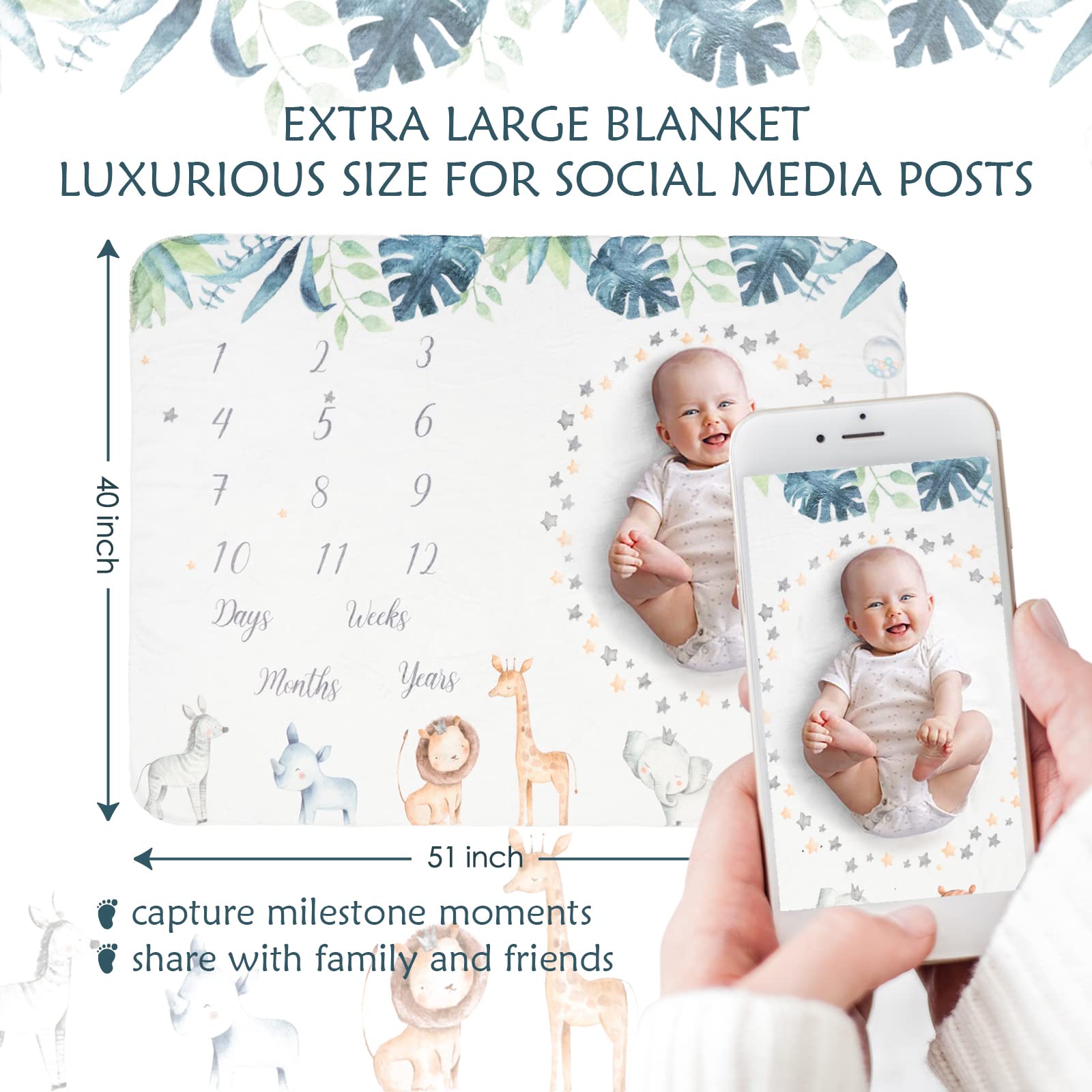 Baby Monthly Milestone Blanket Boy Safari Jungle Animals Personalized Growth Mat Super Soft Photo Blankets