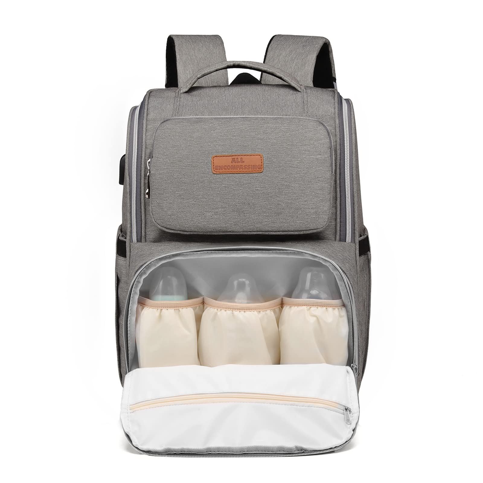 BRUSIORI Diaper Bag Backpack, Multifunction Waterproof Travel Back Pack Bag, Bay Bags with Changing Pad, Stroller Straps, Pacifier Case, Large Capacity Diaper Bag for Boys Girls, Grey