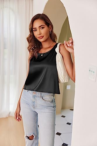 Ekouaer Women's Satin Silk Pajama Cami Sleeveless Lounge Set Soft Pj Set Long Pant Sleep Set Black M