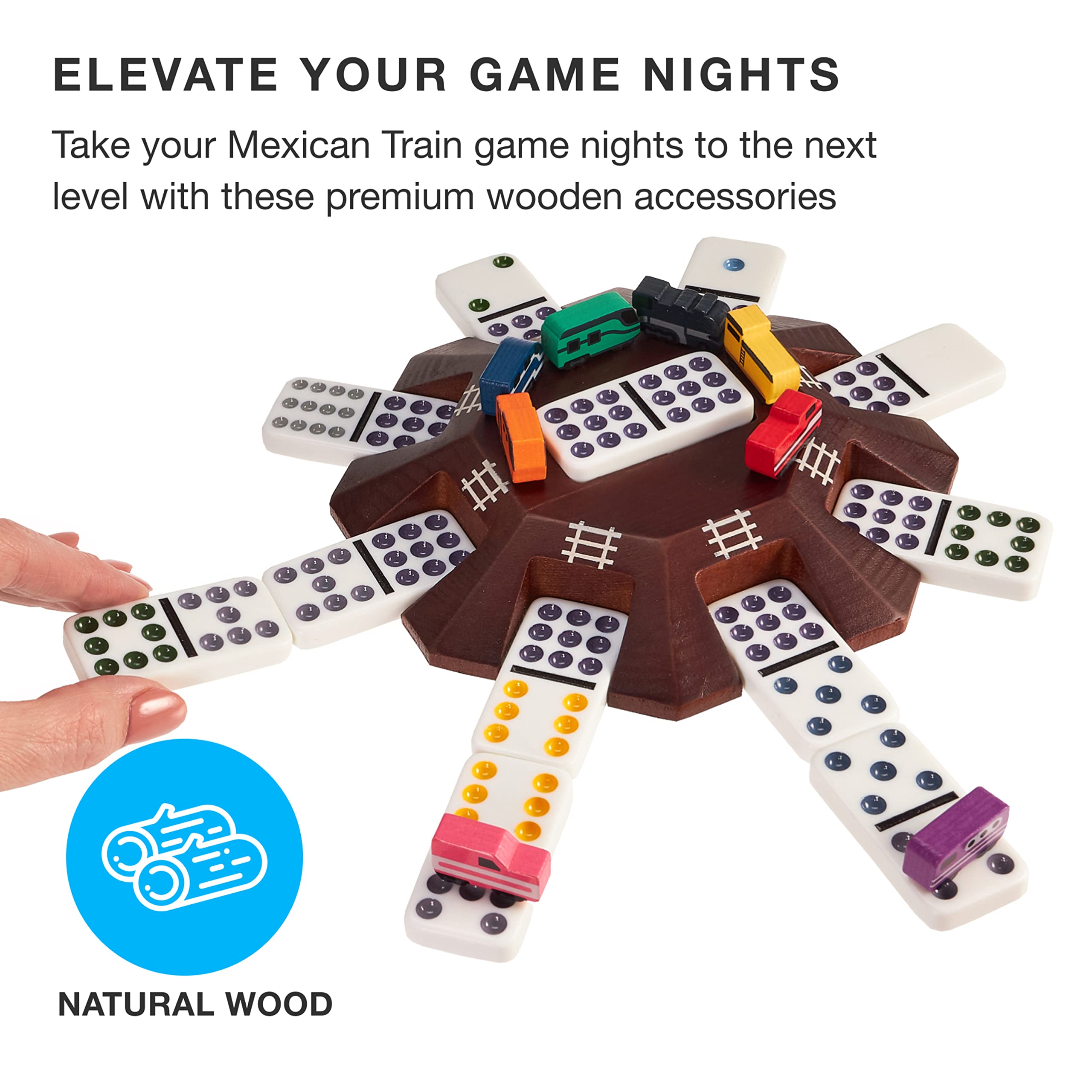 Brybelly 8-Pack Mexican Train Dominoes Tokens Premium Wood Upgrade Pack - Real Wood Markers Modeled After Real Trains - Detailed Colorful Screen Print - Great Gift - Board Game Tile Accessories