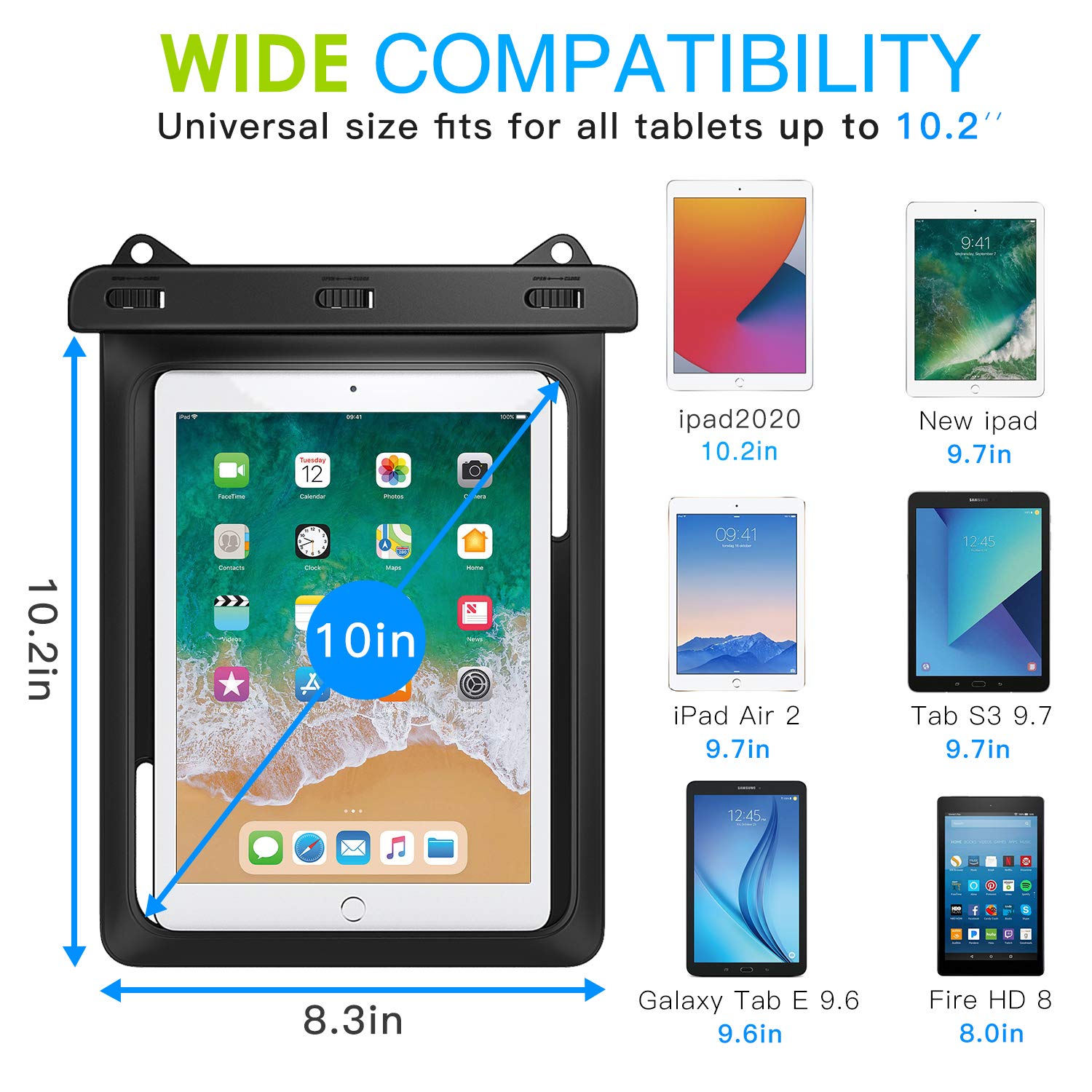 MoKo Waterproof Tablet Case, Tablet Pouch Dry Bag for iPad Mini 6, iPad 9, iPad 9.7 6/5/4/3/2, iPad Pro 9.7, iPad Air 5 10.9/3/2, Samsung Tab S4/ S3/ S2/Tab A 9.7, Galaxy Note 8, Tab E 9.6