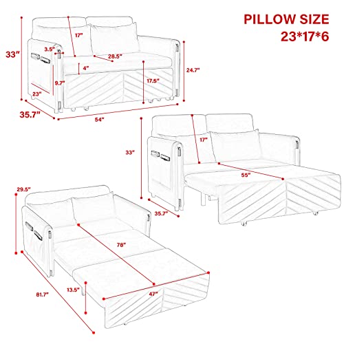 JEEOHEY Pull Out Couch Bed w/Headboard, 54" Modern Velvet Convertible Sleeper Sofa Bed, Small Love seat Sofa Bed with 2 Pillows & Detachable Side Pockets for Small Space, Living Room, Apartment, Grey