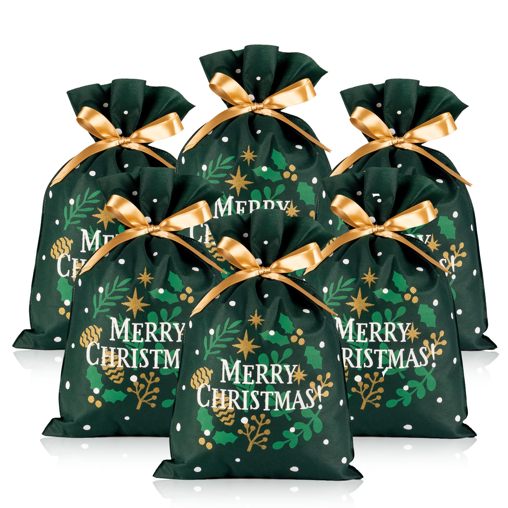 OYATON Christmas Drawstring Gift Bags, Fabric Reusable Christmas Gift Wrap Bags Set of 6, Cloth Gift Bags with Ribbon Drawstring for Christmas Gifts, 12" L x 18" H